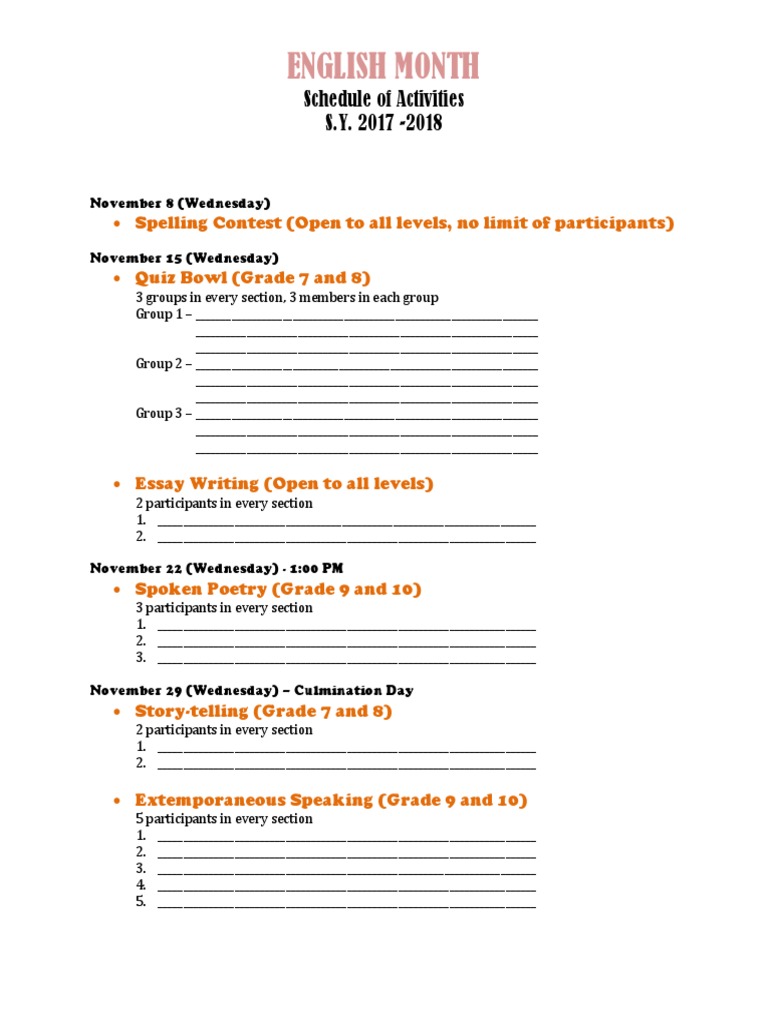 English Month - Schedule of Activities | Download Free PDF | Writing