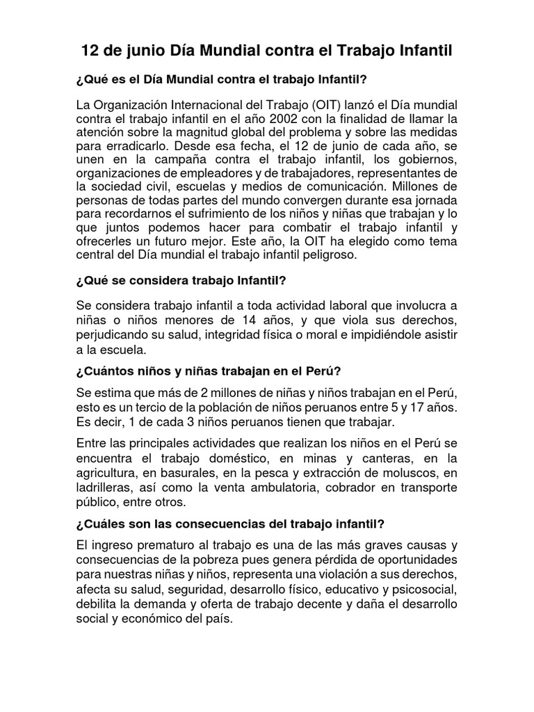 12 de Junio Día Mundial Contra El Trabajo Infantil | PDF | Trabajo ...