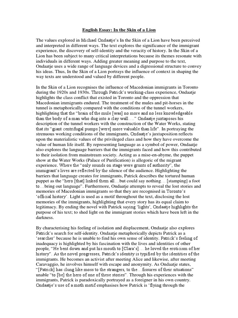 In The Skin of A Lion - Module B Draft Essay - KS - 2009 | PDF | Narrative