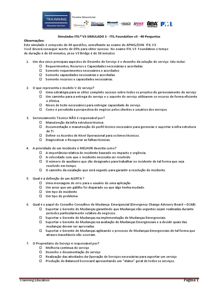 ITIL V3 Simulado PDF | PDF | Itil | Tecnologia da Informação