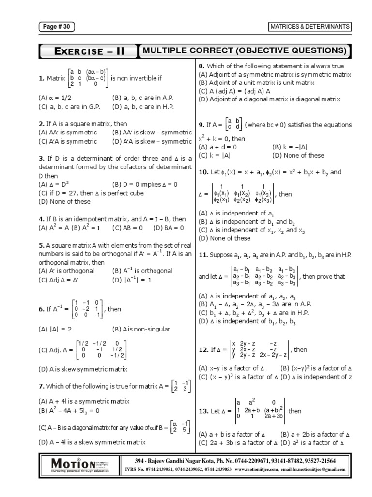 Xercise: Multiple Correct (Objective Questions) | PDF | Determinant ...