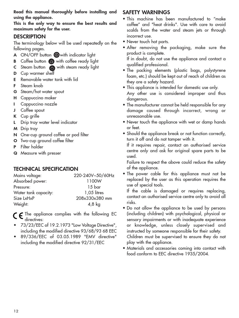 User Manual for a Coffee Machine: Safety Warnings, Descriptions of ...