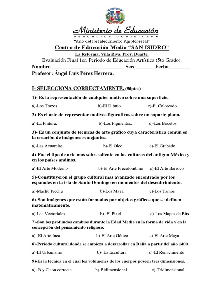 Examen Artistica 5to. | PDF | Pinturas | Escultura