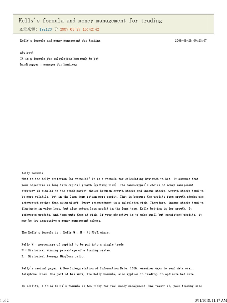 Kelly's Formula for Trading Success | PDF | Handicapping | Stocks