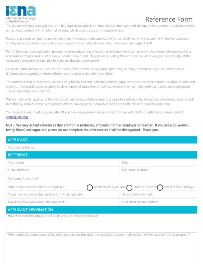 Assessing Suitability: Reference Form for Summer Camp Applicant | PDF ...
