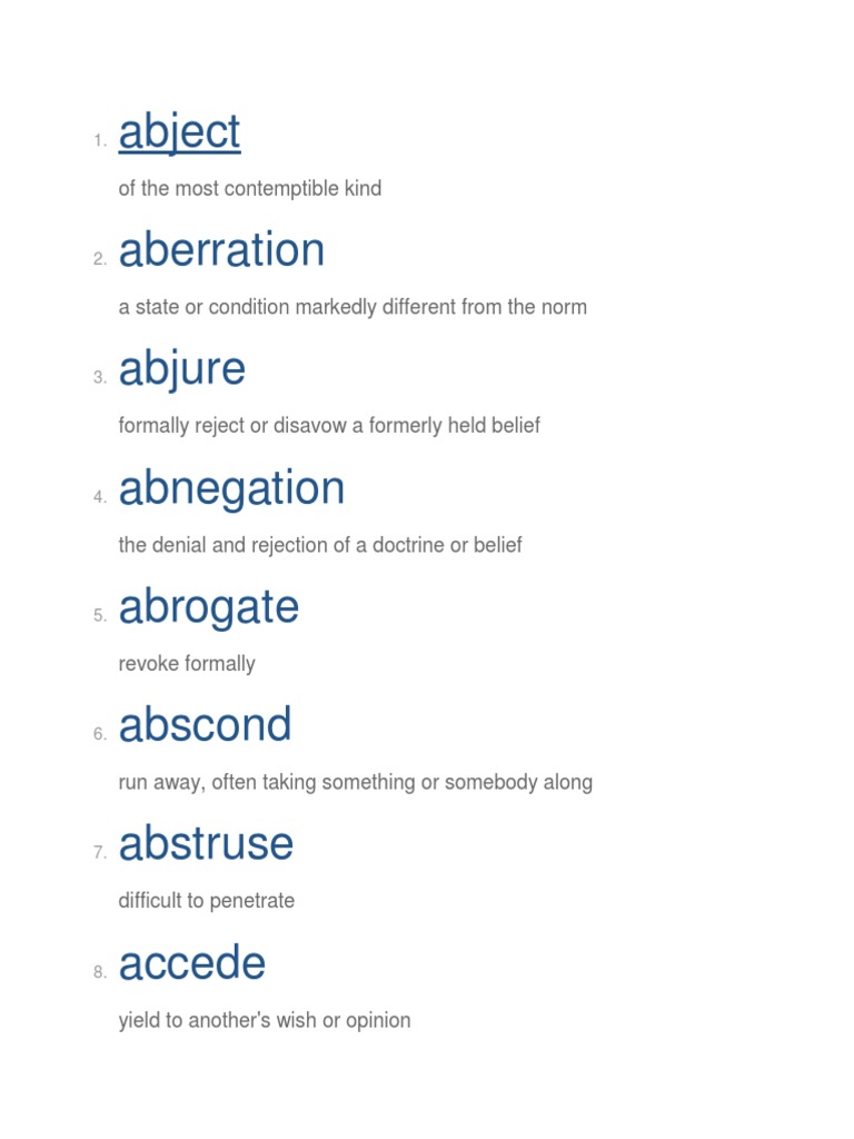 Abject Aberration Abjure Abnegation Abrogate Abscond Abstruse Accede | PDF