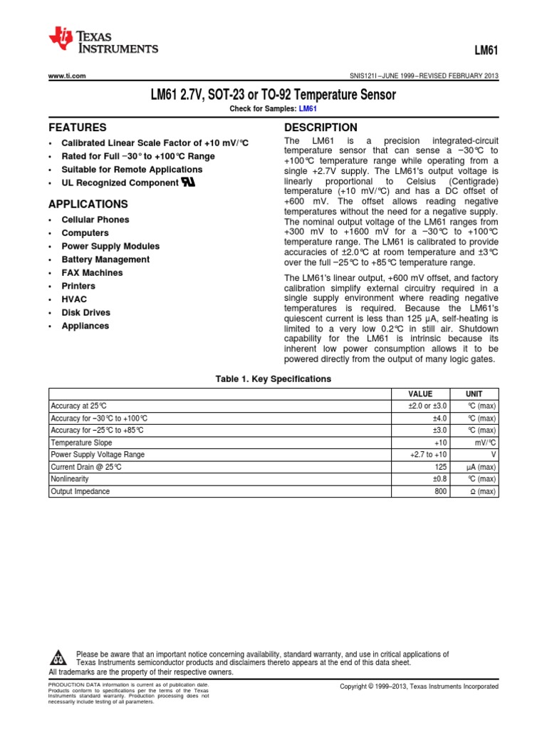 LM61 2.7V, SOT-23 or TO-92 Temperature Sensor: Features Description ...