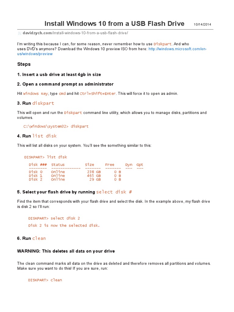 Install Windows 10 From A USB Flash Drive | Download Free PDF | Usb ...