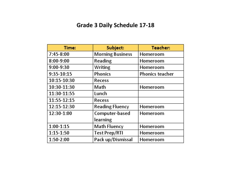 Grade 3 Daily Schedule 17-18 | PDF | Psycholinguistics | Learning Methods