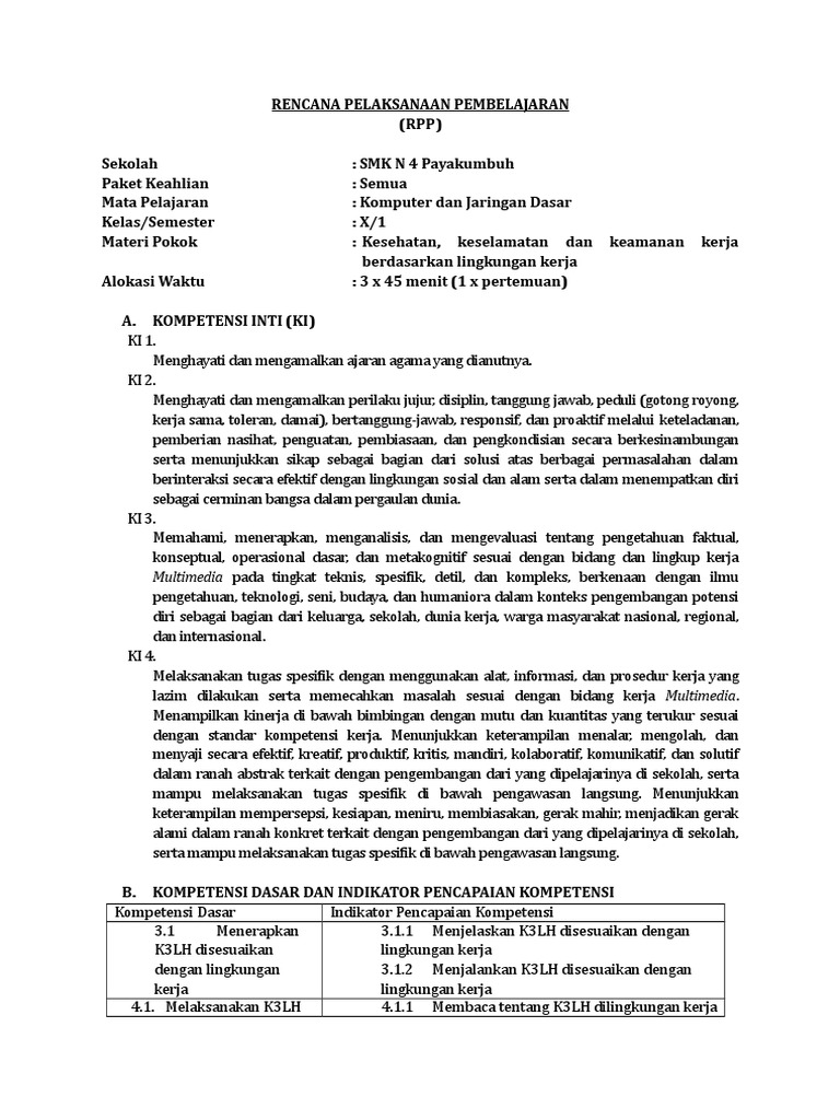 RPP Komputer Dan Jaringan Dasar KD1 (Ganjil) X | PDF
