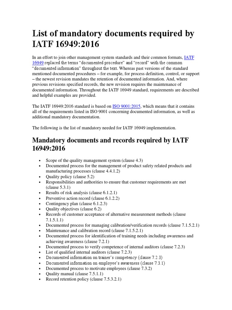 List of Mandatory Documents Required by IATF 16949-2016 | PDF | Audit ...