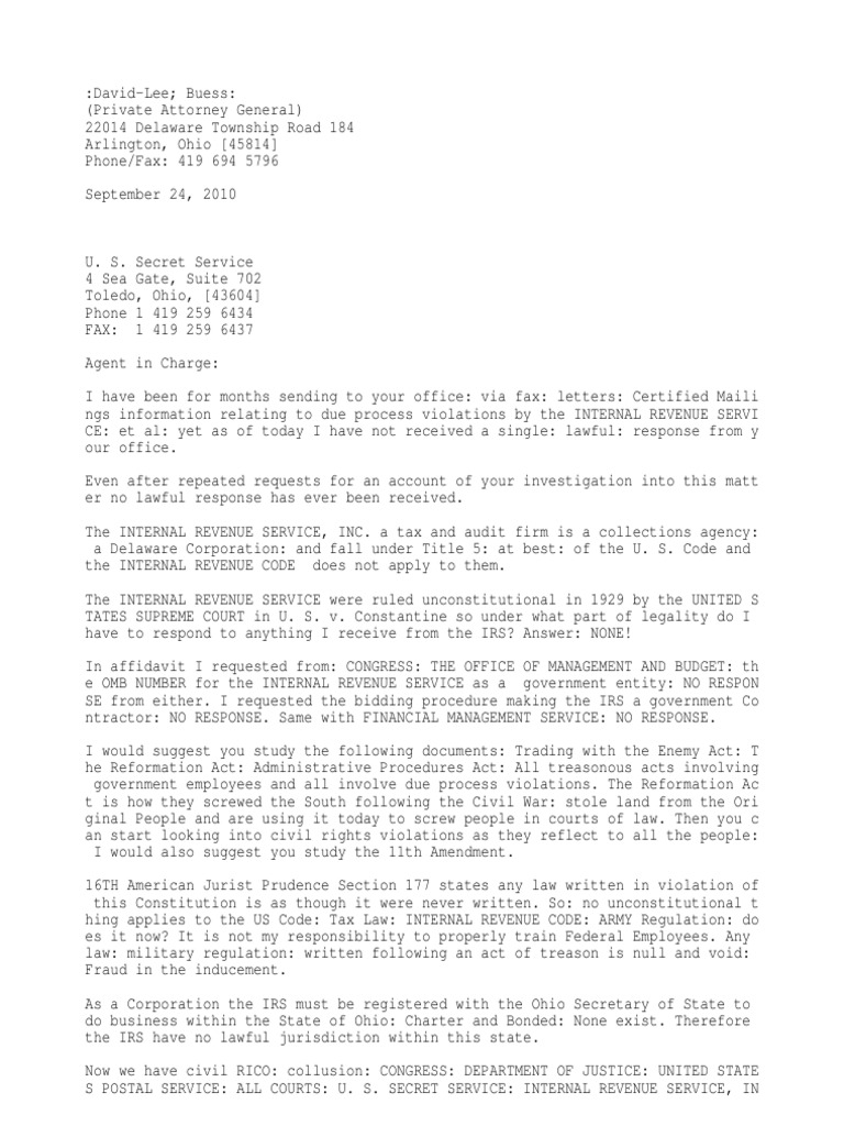 Letter To U. S. Secret Service From :David-Lee Buess: September 24 ...