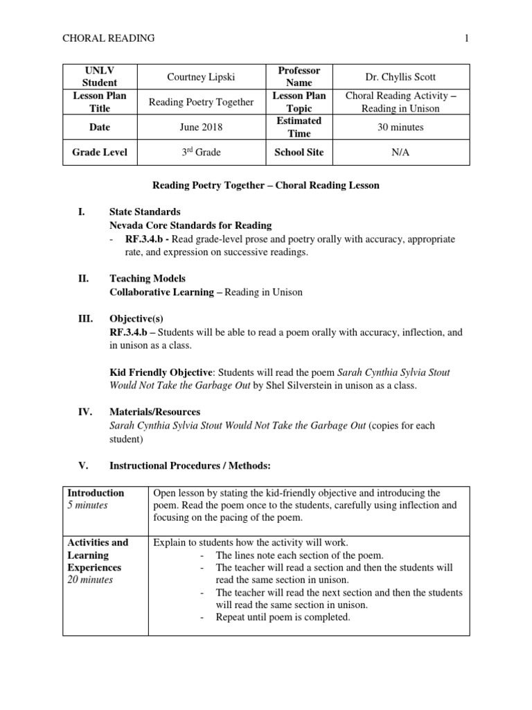 2 - Choral Reading Lesson | PDF | Educational Assessment | Lesson Plan