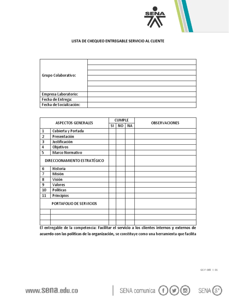 Lista de Chequeo Entregable Servicio Al Cliente