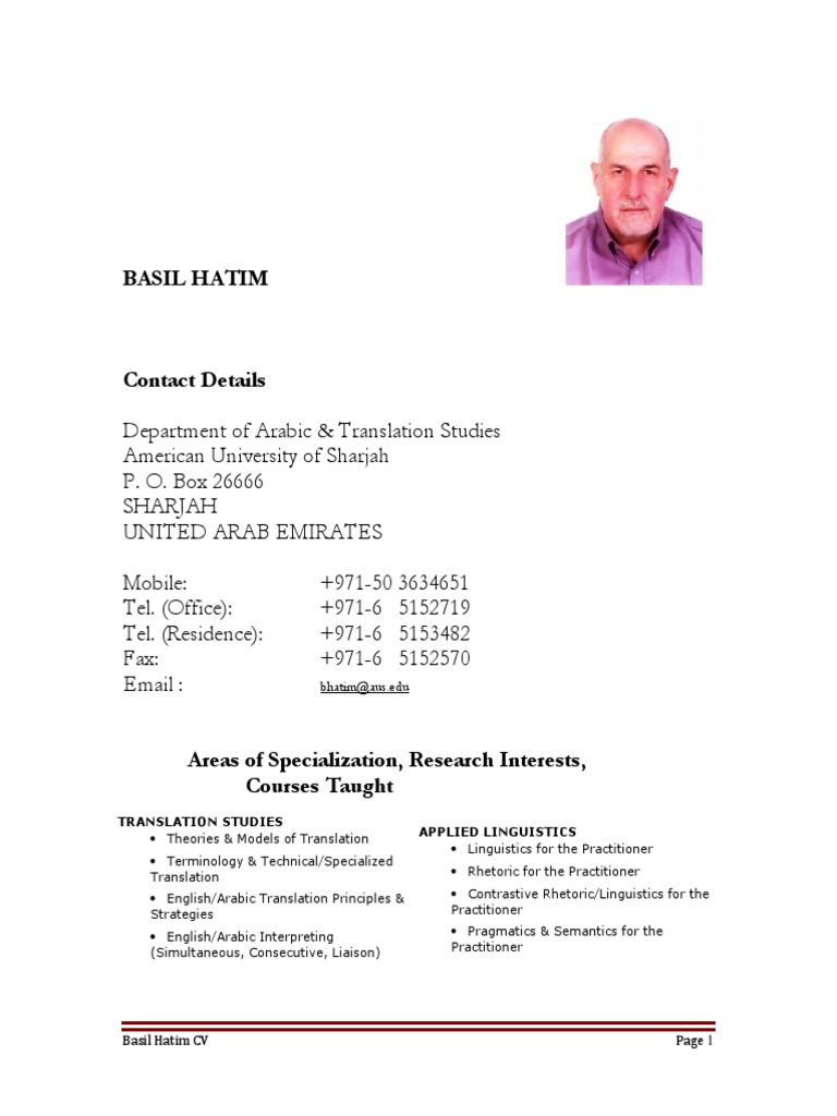 Basil Hatim: CV & Academic Profile | PDF | Translations | Linguistics