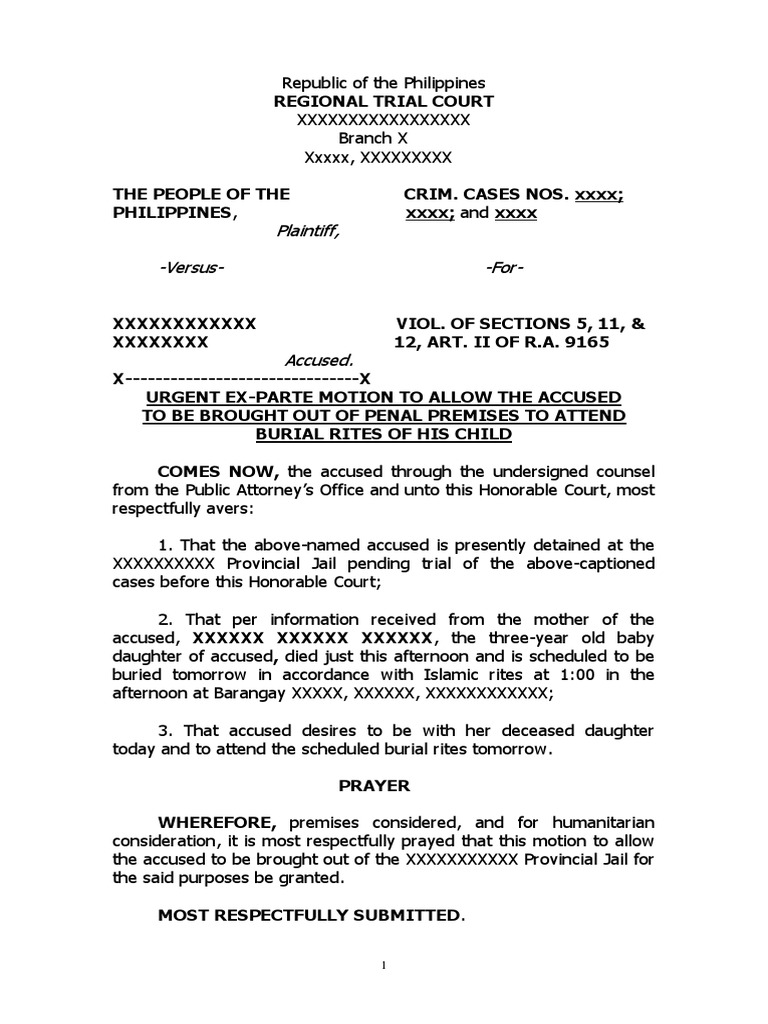 Motion To Allow Accused To Attend Burial (Sample) | PDF | Courts ...