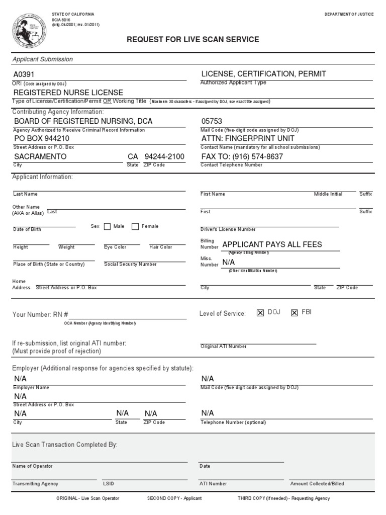 Request For Live Scan Service: A0391 License, Certification, Permit ...