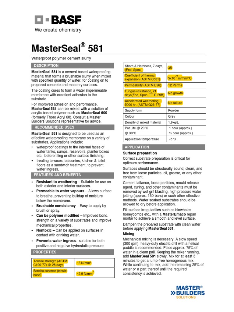 Basf Masterseal 581 Tds | Download Free PDF | Concrete | Water