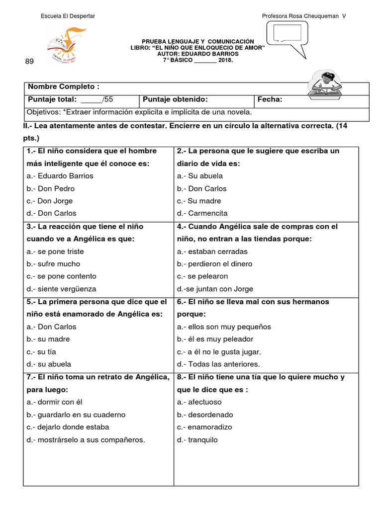 Prueba El Nino Que Enloquecio de Amor | PDF | Artes del Lenguaje y ...