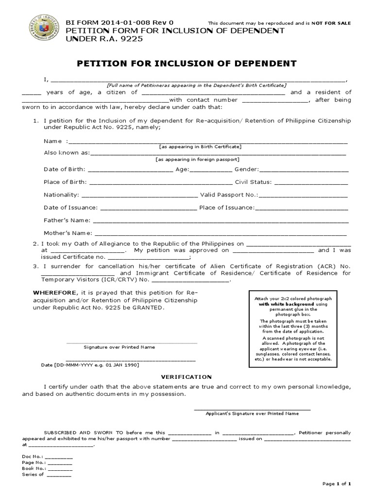 Petition For Inclusion of Dependents Under RA 9225 | PDF | Birth Certificate | Passport
