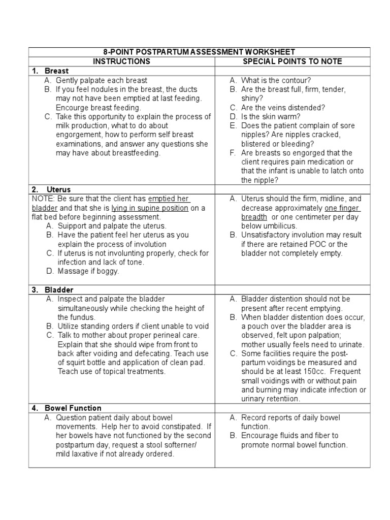 8 Point Postpartum Assessment Worksheet | PDF | Wound | Urinary Bladder