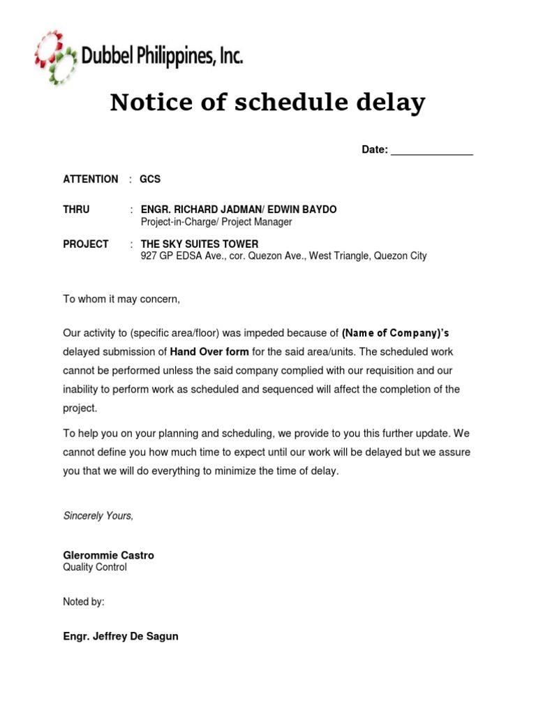Notice of Schedule Delay: Date | PDF