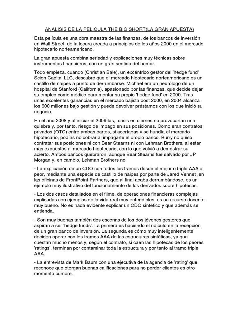 Analisis de La Pelicula The Big Short | PDF | Deuda gubernamental ...