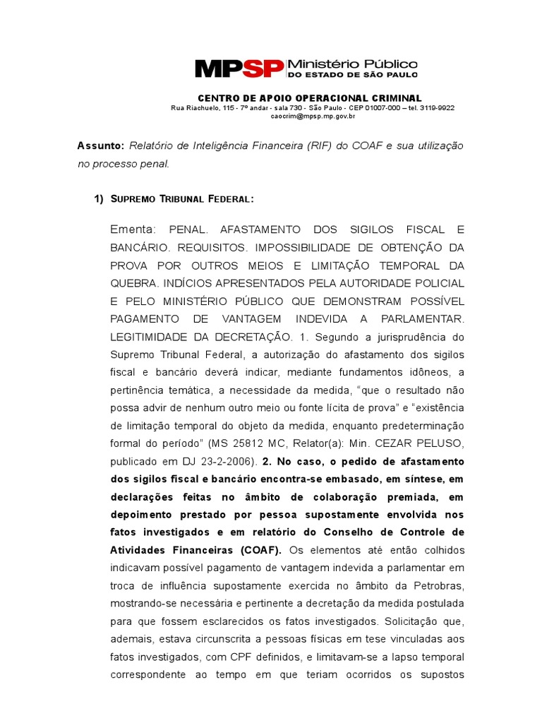 Relatório De Inteligência Financeira Rif Do Coaf Prova Direito