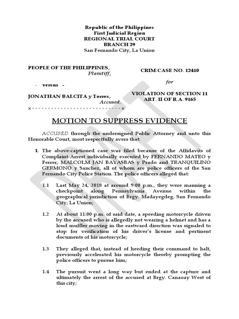Motion To Suppress Evidence - Jonathan Balcita | PDF | Search And ...