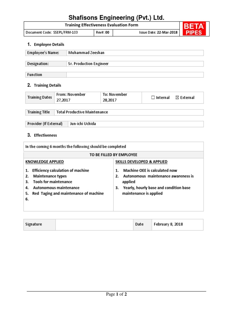 (TPM) Training Effectiveness Evaluation Form | PDF | Engineering ...