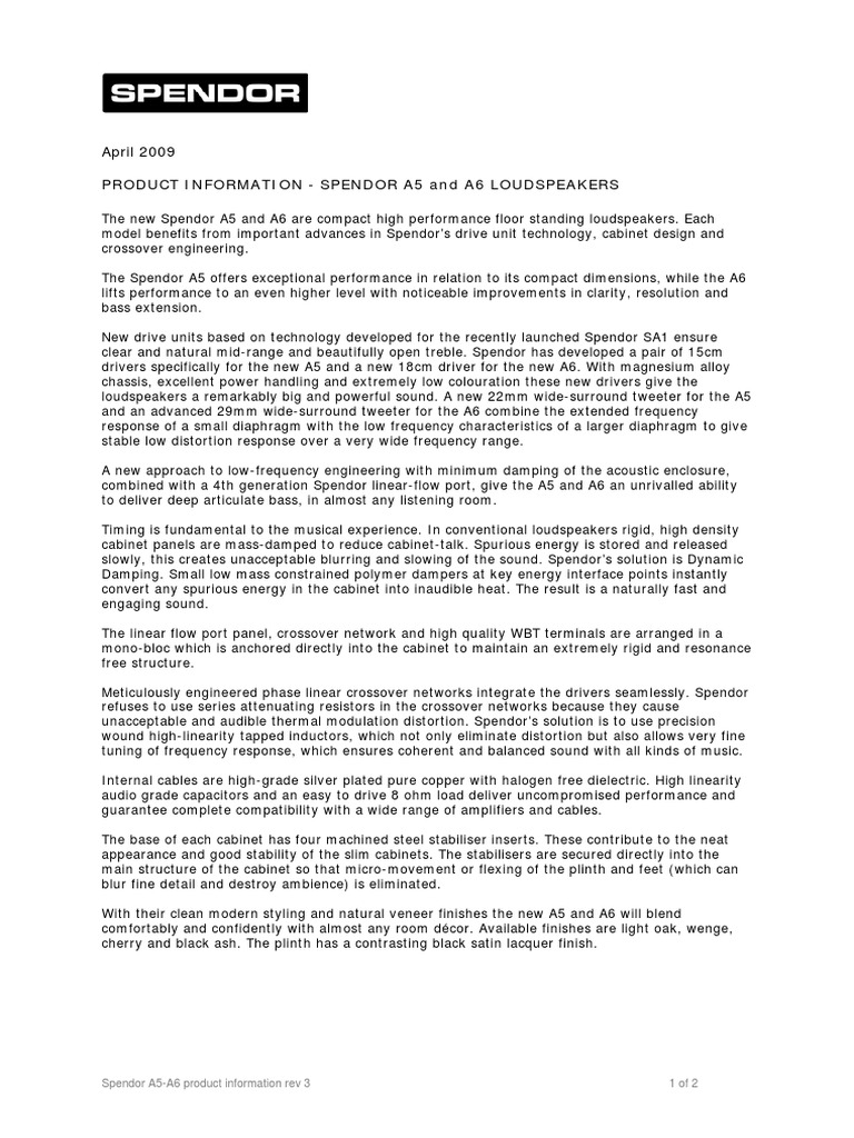Spendor A5 and A6 Loudspeakers Product Info | PDF | Loudspeaker | Audio ...