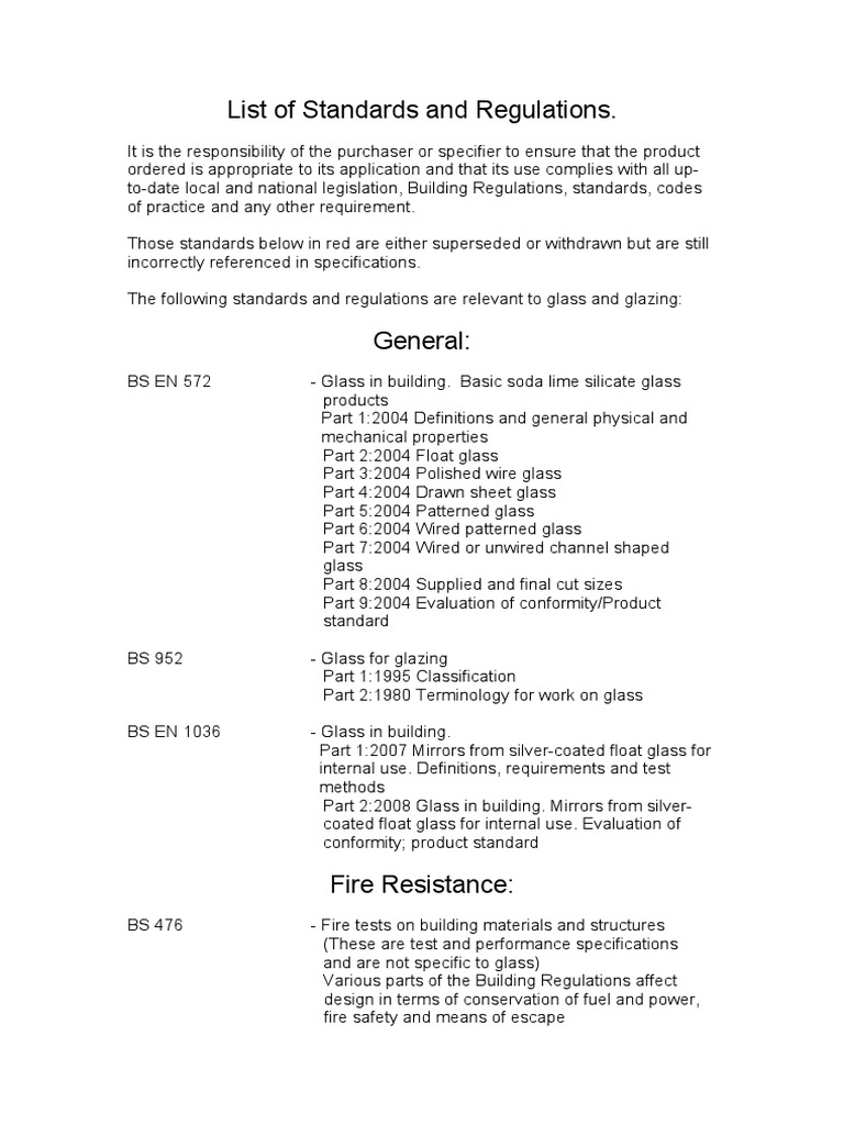 List of Standards and Regulations Glass Amp | PDF | Building Insulation ...