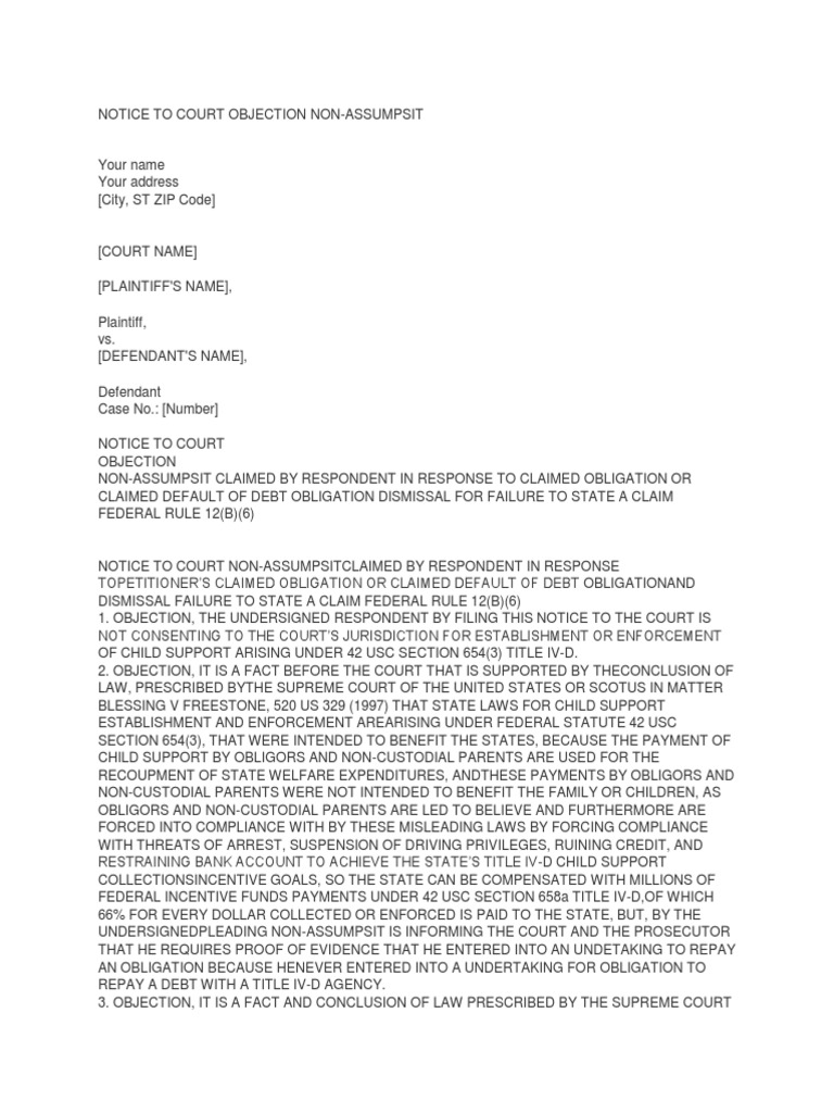 Notice To Court Objection Non Assumpset 2 | PDF | Standing (Law ...