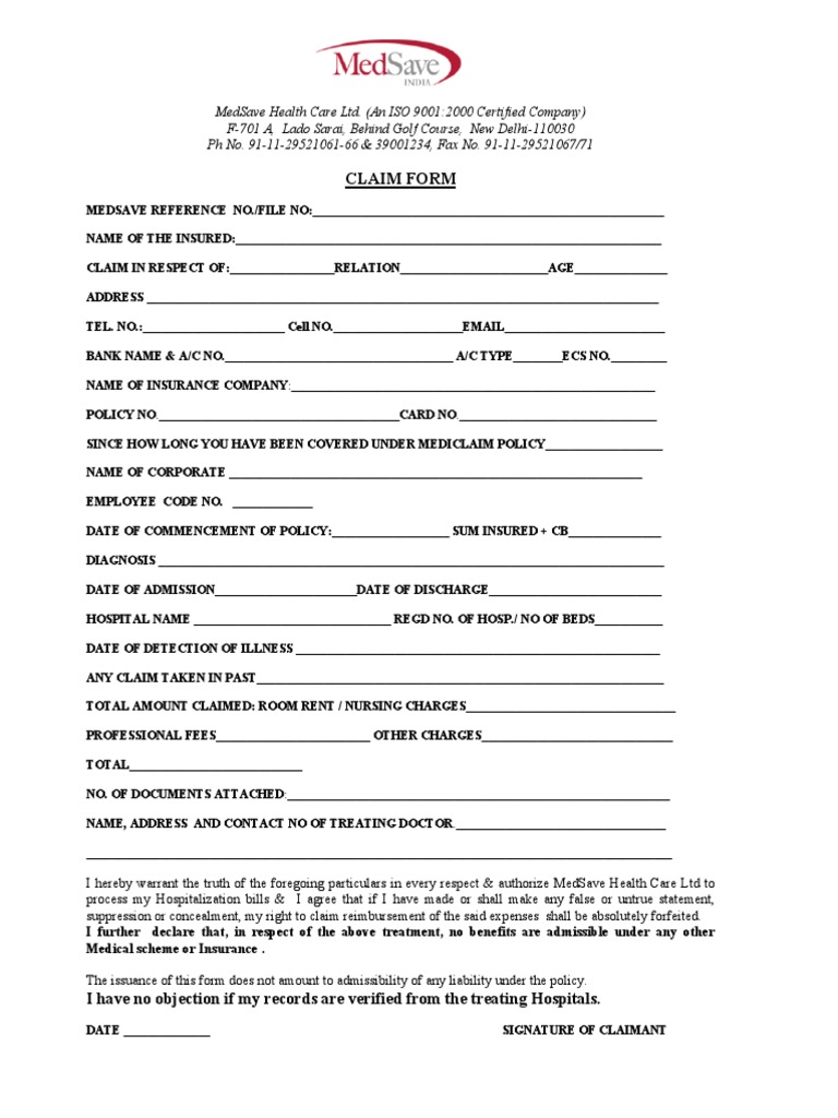 Medsave - Claim Form For Mediclaim | PDF | Medicaid | Hospital