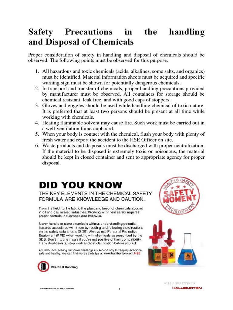 Safety Precautions in The Handling of Chemical | PDF | Wellness