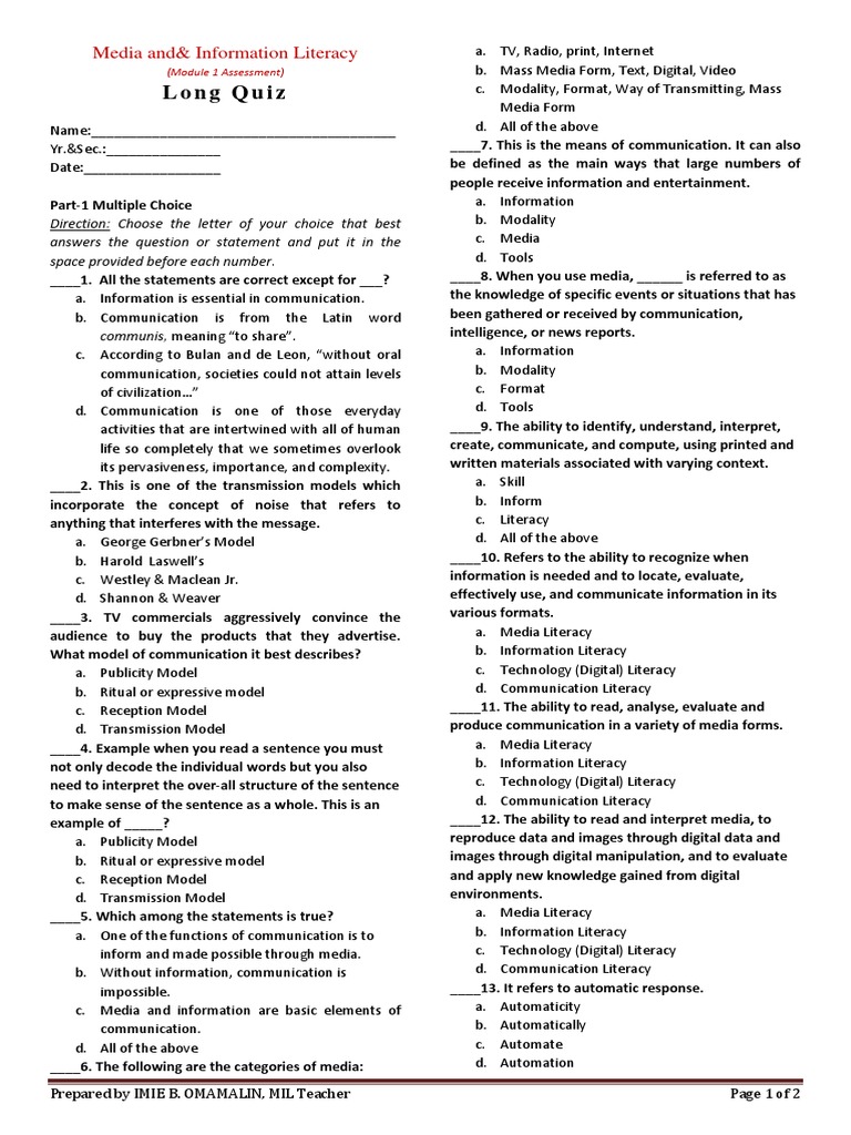 Media and Information Literacy Grade 12 Long Quiz Module 1 | PDF | Mass ...