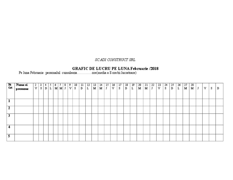 GRAFIC DE LUCRU PE LUNA Februarie /2018: Sc Adi Construct Srl