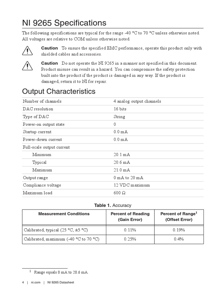 NI 9265 Specifications: Output Characteristics | PDF
