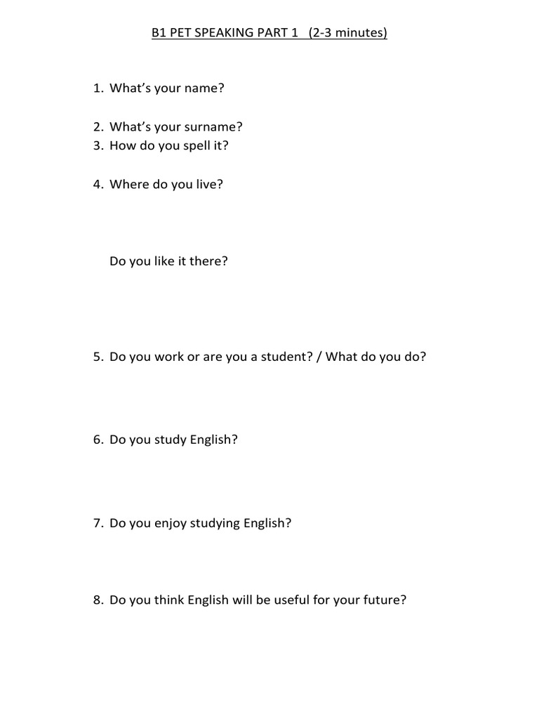 b1 Pet Speaking Part 1 | PDF
