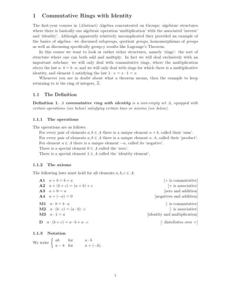 1 Commutative Rings With Identity 1 1 The Definition Pdf Ring