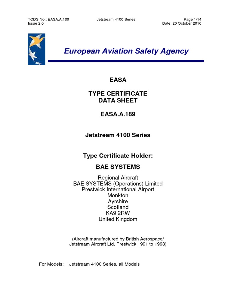 EASA TCDS A.189 - BAe - Jetstream - 4100 02 20102010 | PDF | Aerospace ...