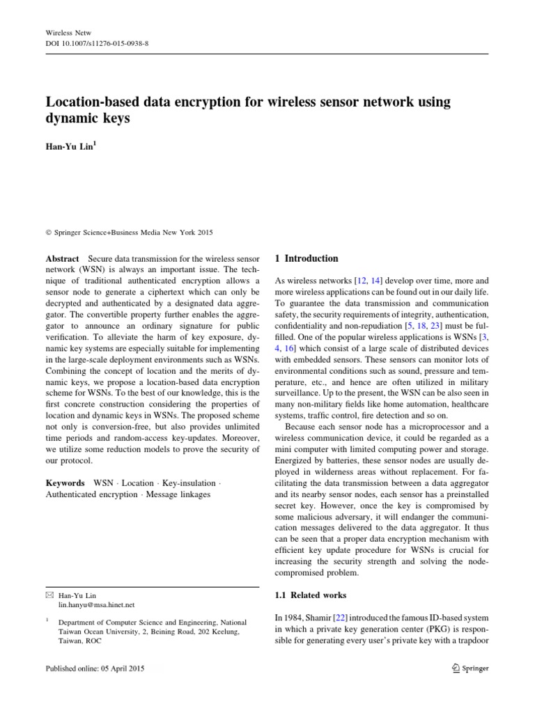 Location-Based Data Encryption For Wireless Sensor Network Using Dynamic Keys | PDF | Wireless ...