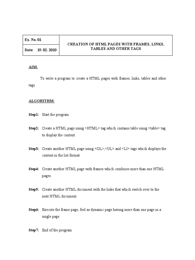 To Write A Program To Create A HTML Pages With Frames, Links, Tables and Other Tags | PDF | Html ...
