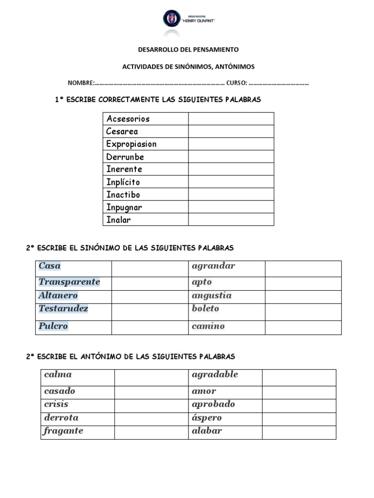 Actividades de Sinónimos y Antónimos | PDF