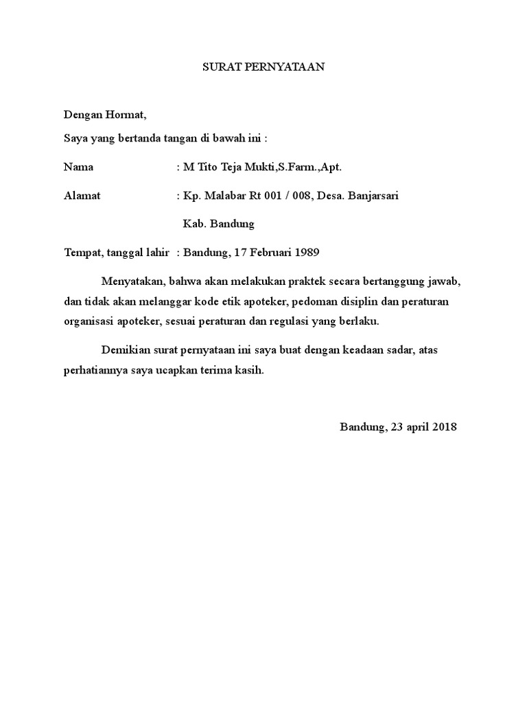 SURAT PERNYATAAN Mematuhi Kode Etik Apt | PDF