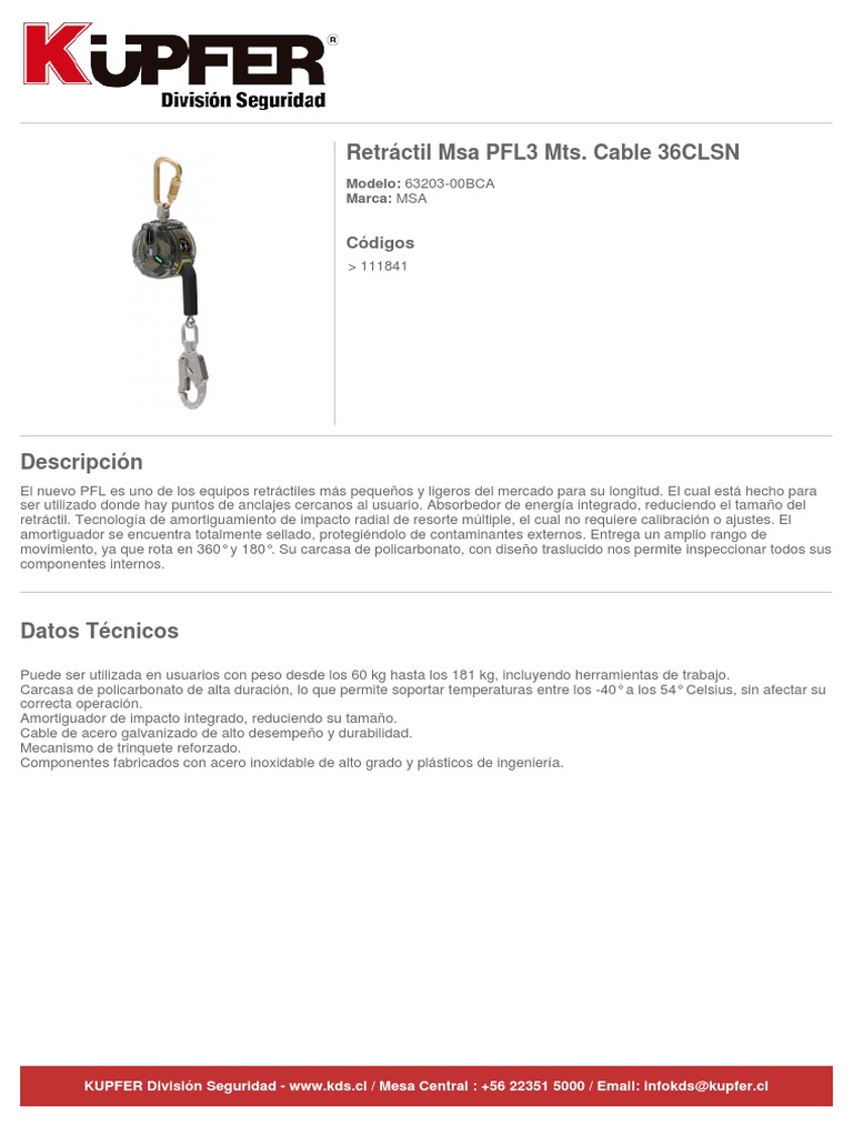 Ficha Producto Retractil Msa Pfl3 Mts Cable 36clsn 111841 | PDF