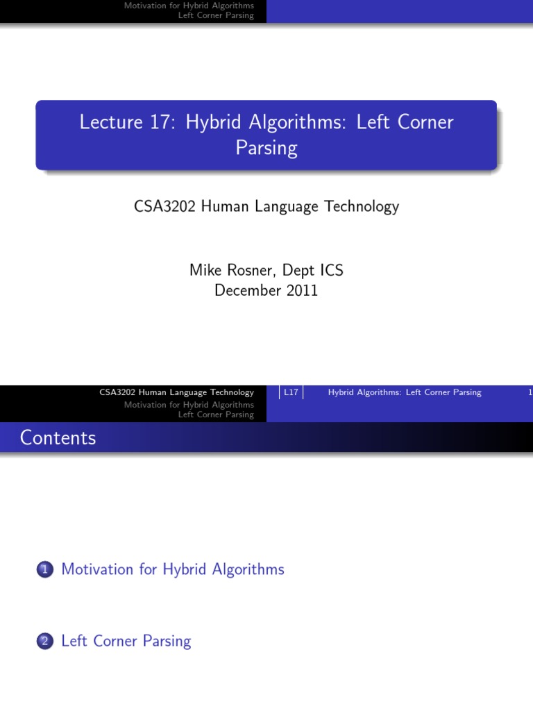 Lecture 17: Hybrid Algorithms: Left Corner Parsing: CSA3202 Human Language Technology | PDF ...