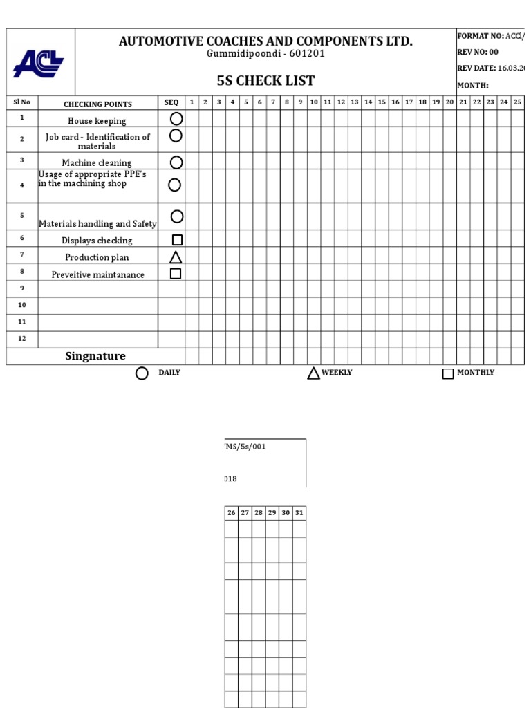 5S Daily Checklist for Automotive Industry | PDF