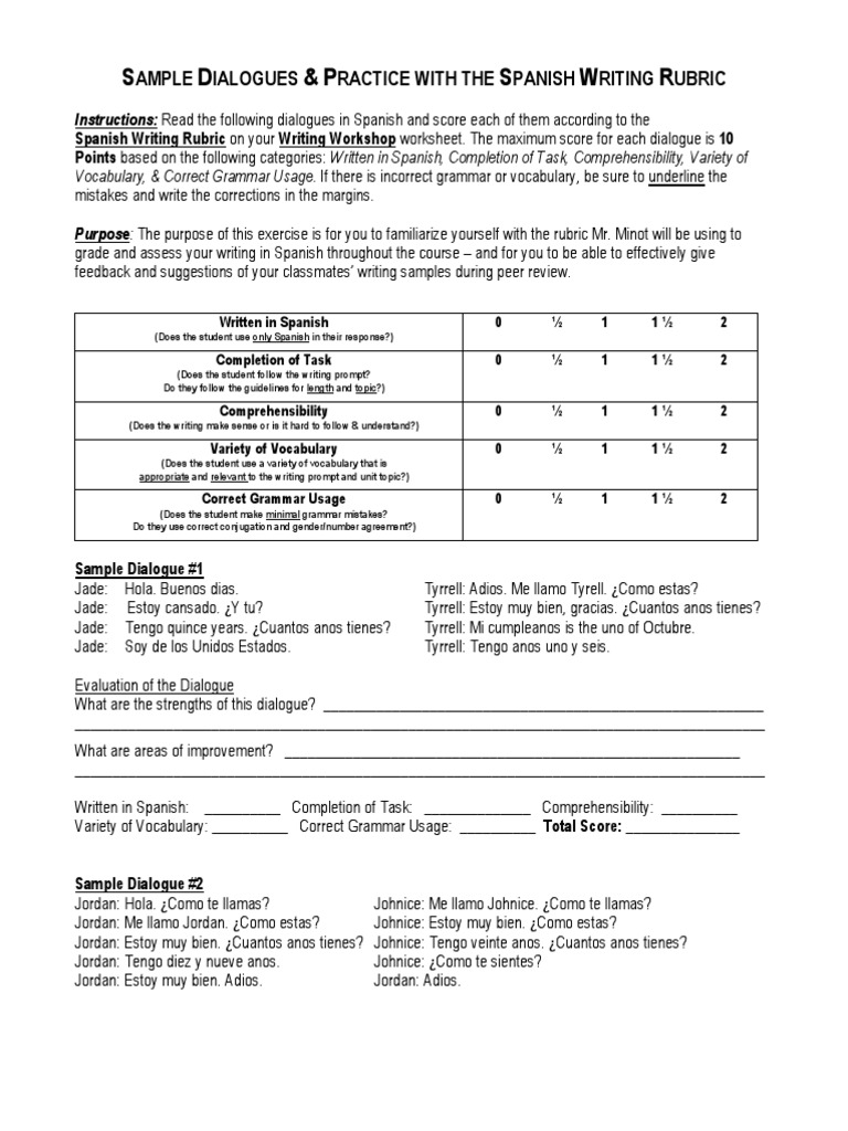 Spanish Dialogue Writing Practice | PDF | Rubric (Academic) | Linguistics