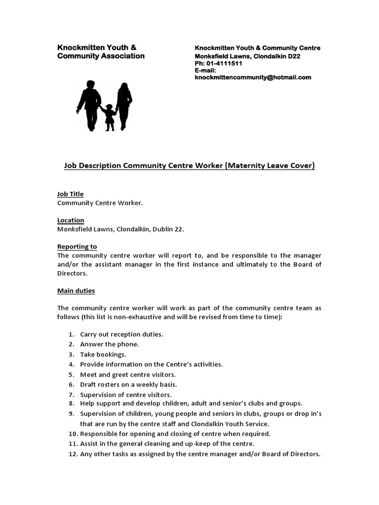 Job Description Maternity Leave Knockmitten Youth and Community Centre